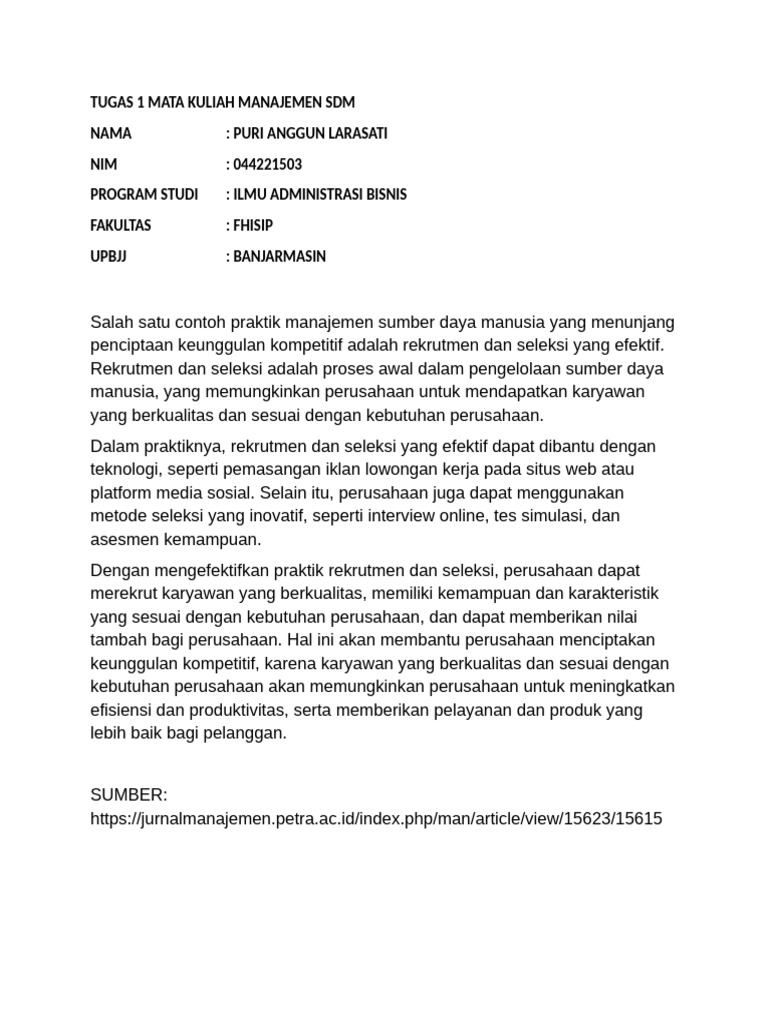 Tugas 1 Mata Kuliah Manajemen SDM | PDF | Karier & Perkembangan | Komputer