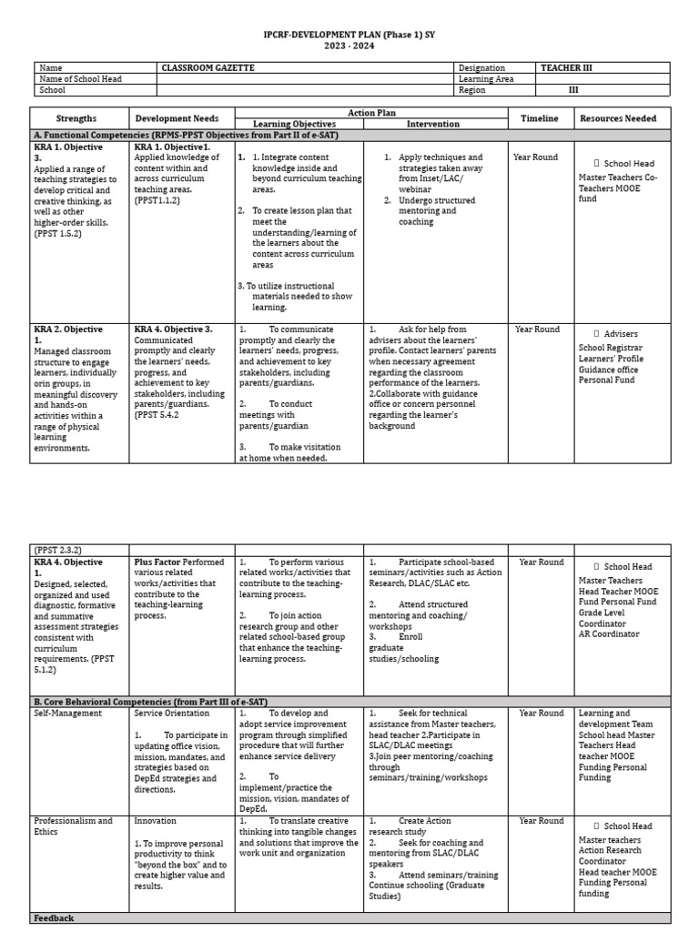 IPCRF Development Plan 2023-2024 | PDF | Mentorship | Learning