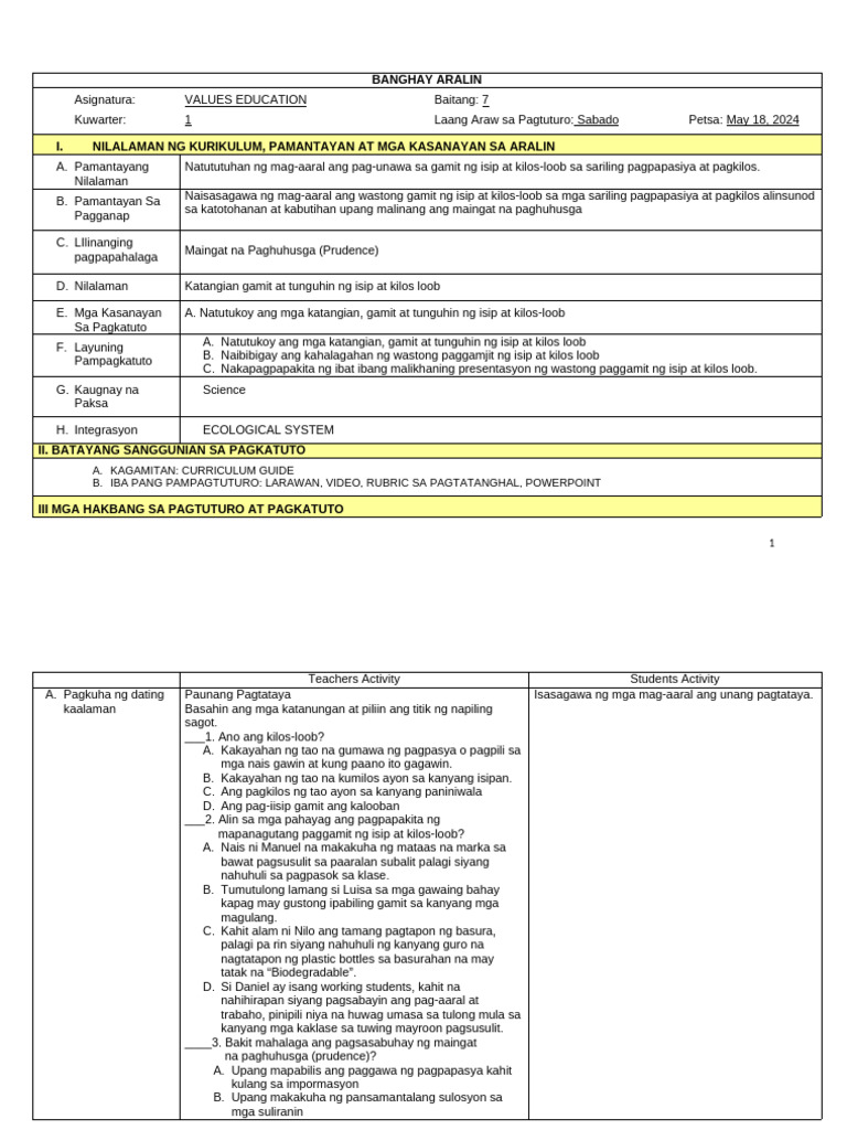 Lesson Plan Matatag 1 | PDF