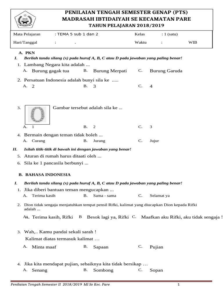 PTS 1-2 Ok KELAS 1 SMT II | PDF