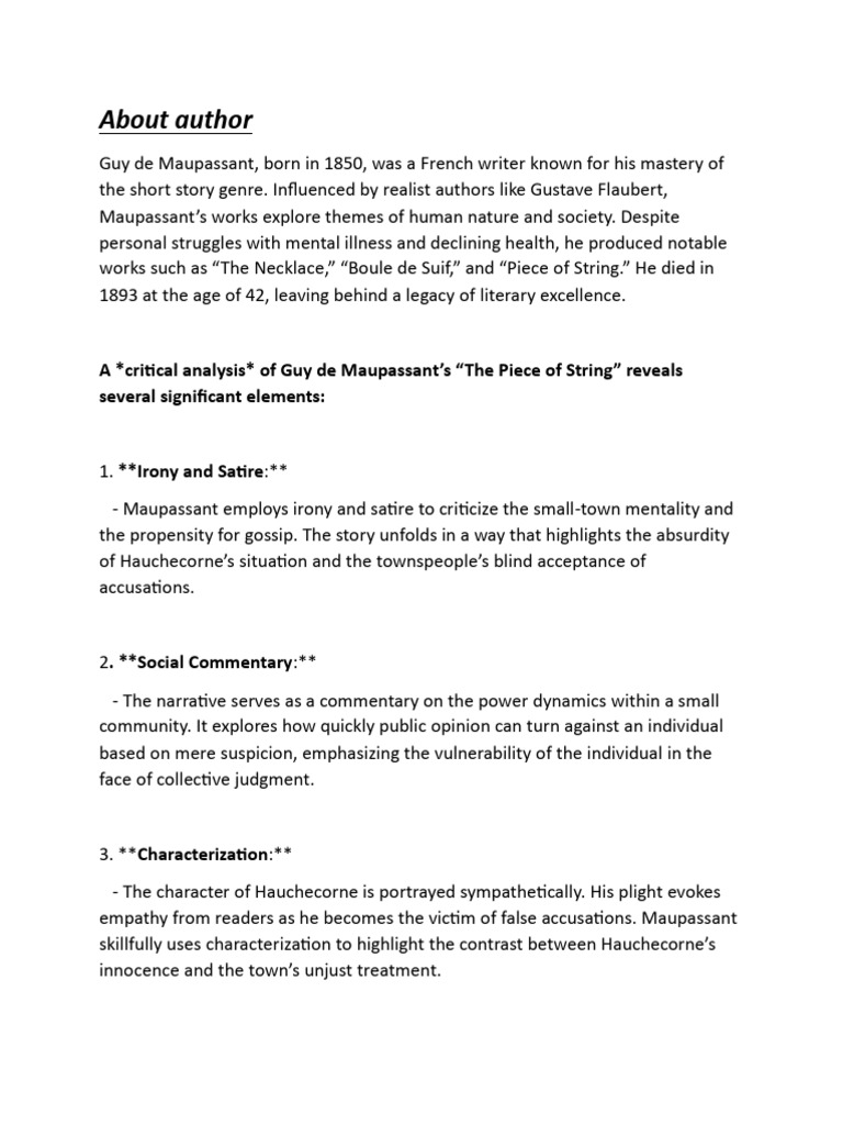Piece of String Critical Analysis | PDF | Guy De Maupassant | Narrative