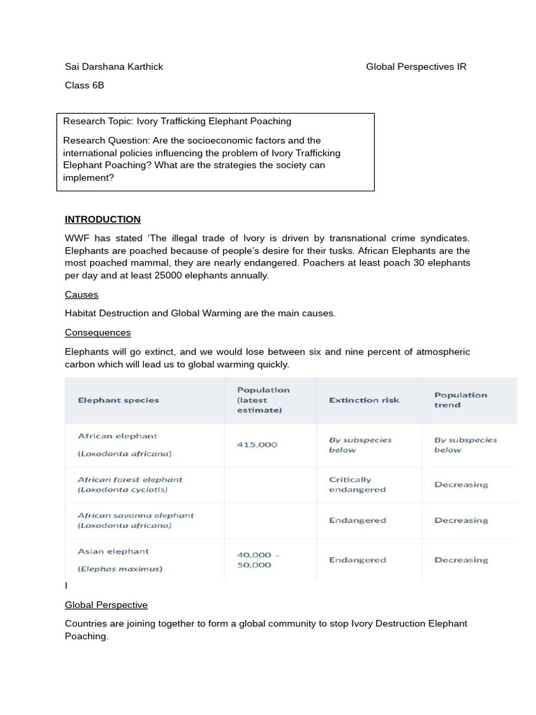 Sai Darshana Karthick GP IR Exam (Ivory Trafficking Elephant Poaching) | PDF | Crime & Violence ...