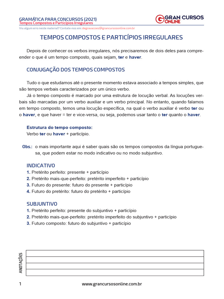 Tempos Compostos e Particípios Irregulares | PDF | Relações sintáticas ...