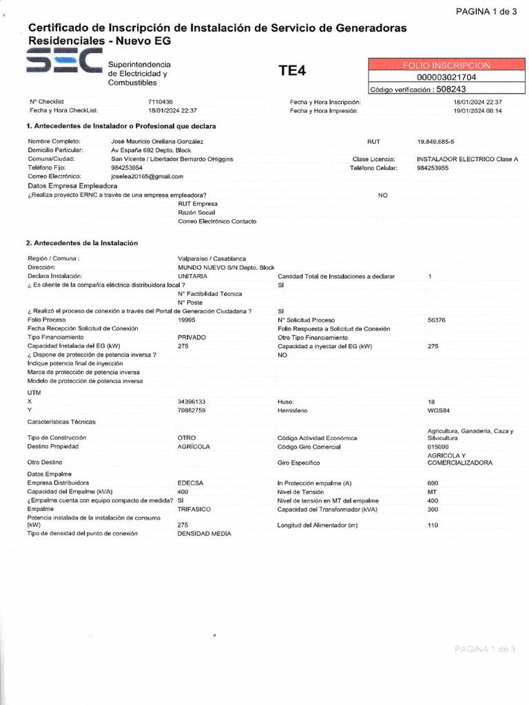 Certificado de Inscripción TE4 | PDF