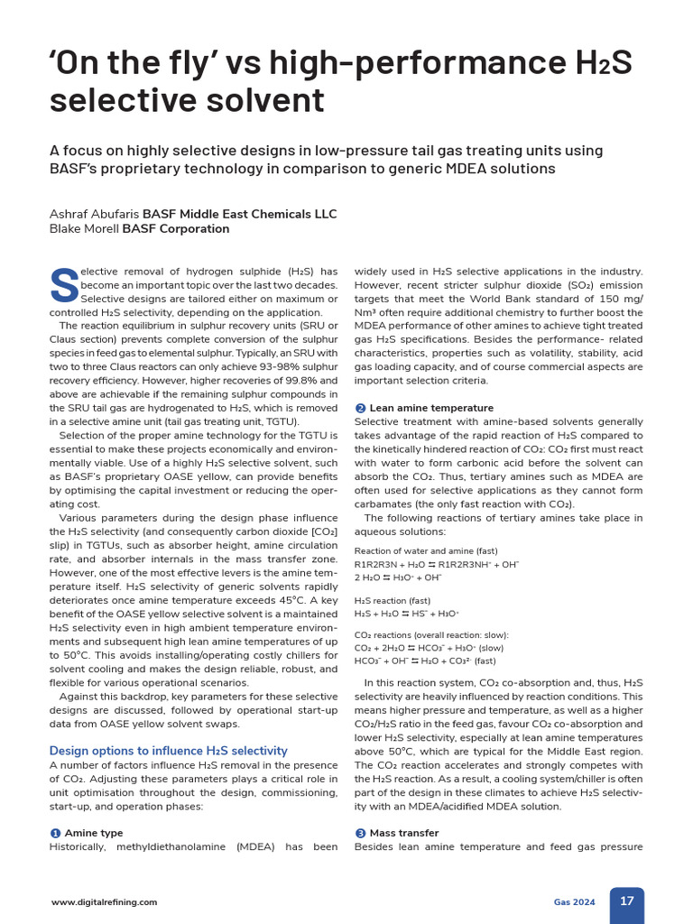 On The Fly Vs High Performance H2S Selective Solvent 1715309831 | PDF | Carbon Dioxide | Amine