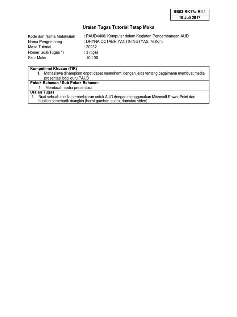 Tugas Tutorial 3 Paud 4408 | PDF
