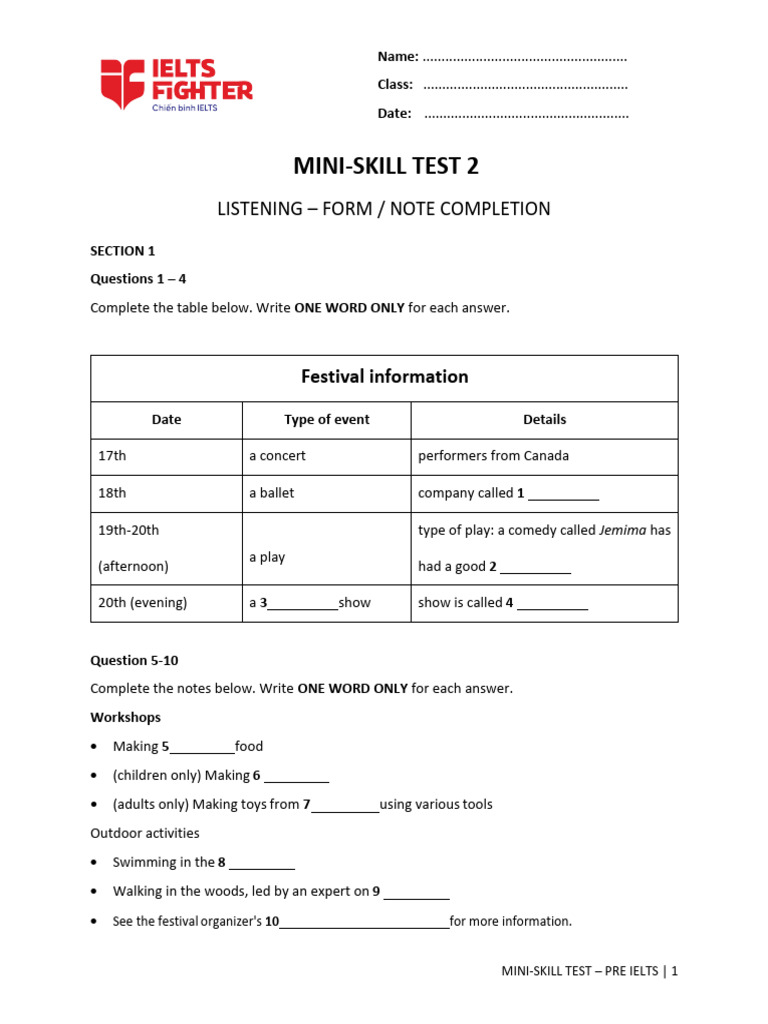 Pre IELTS Mini Skill Test: Listening & Reading | PDF | Easter Egg