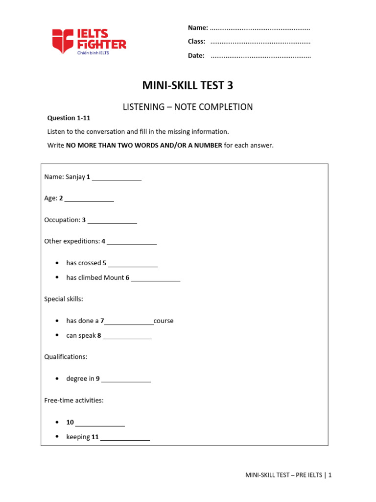 Minitest 3. Listening & Reading - Note Completion, Summary Completion ...