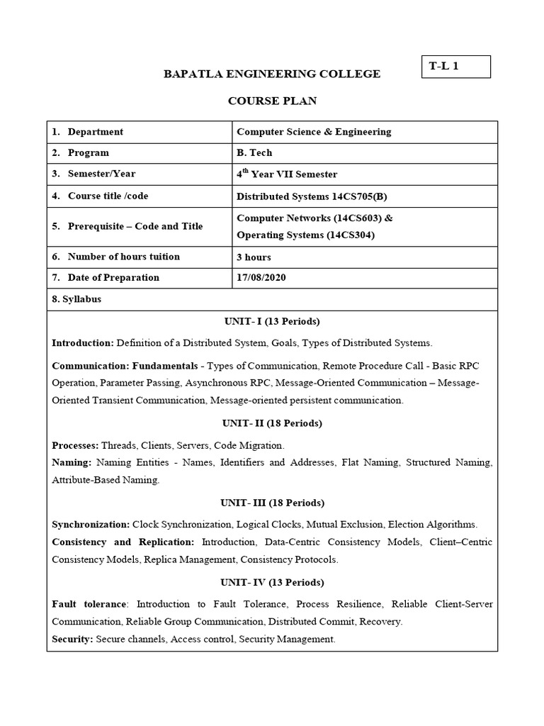 Distributed Systems - Lesson Plan (14CS705B) | PDF | Distributed Computing | Replication (Computing)