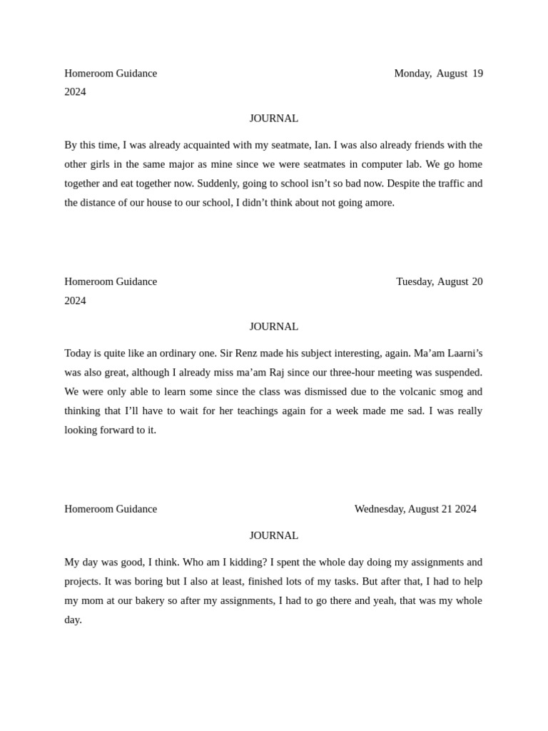 Homeroom Guidance Journal Aug. 19 To 24 | PDF