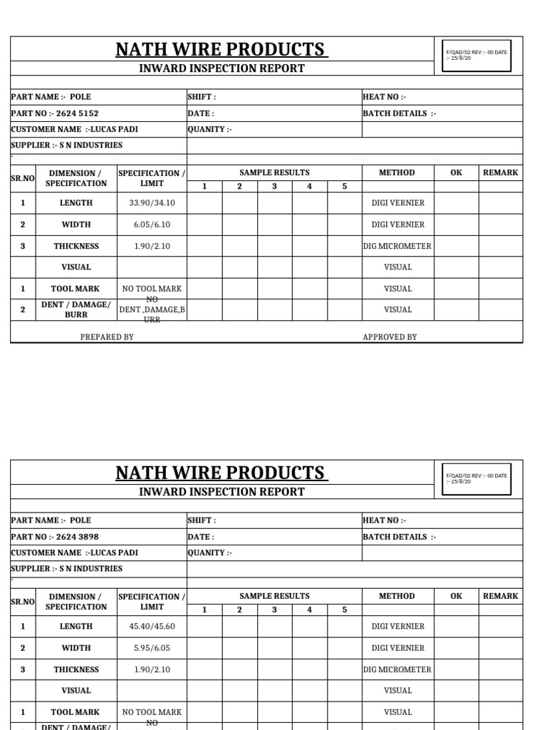 Inward Inspection Report SN | PDF | Length | Measuring Instrument