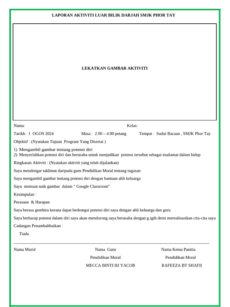 Laporan Aktiviti Luar Bilik Darjah 4 | PDF | Pengembangan Diri | Kesehatan Holistik