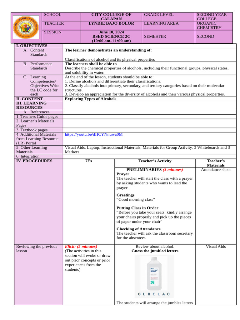 LESSON PLAN (Alcohol) | PDF | Alkane | Chemical Compounds