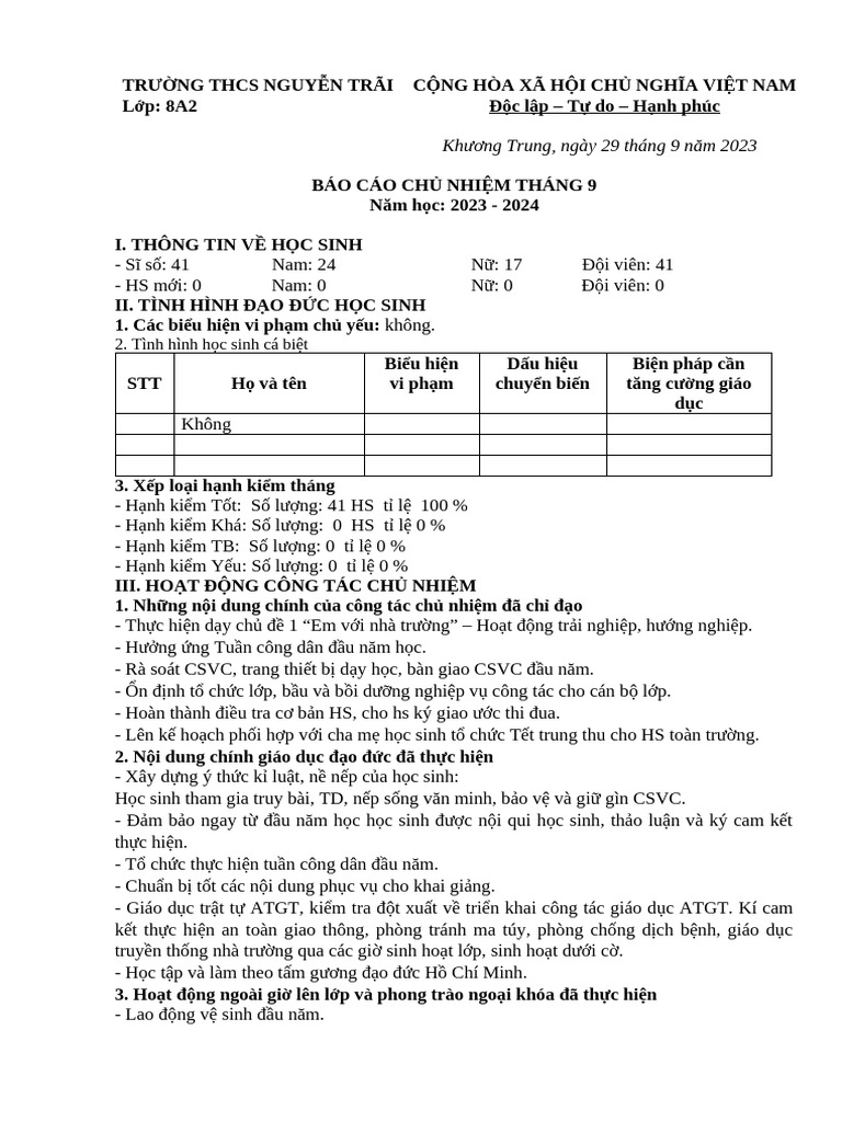 8A2 BC chủ nhiệm T9 | PDF