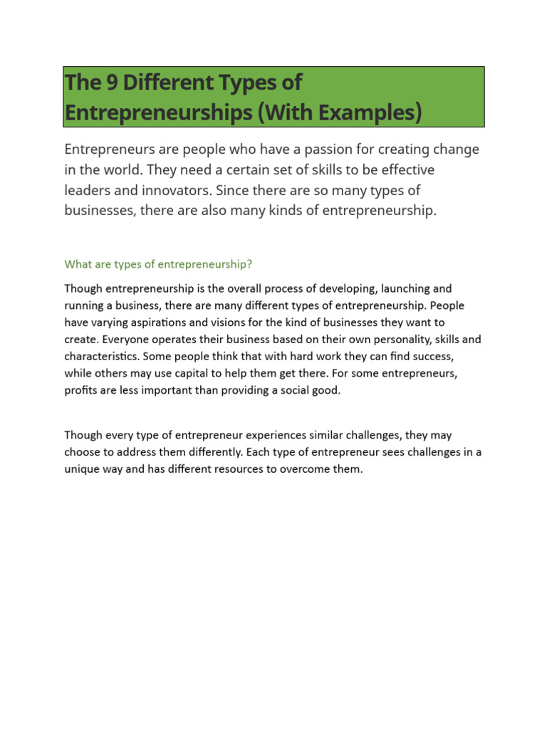 The 9 Different Types of Entrepreneurships | PDF | Entrepreneurship ...