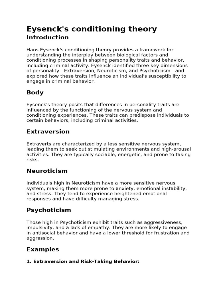 Eysenck's Conditioning Theory | PDF | Extraversion And Introversion | Cognitive Behavioral Therapy