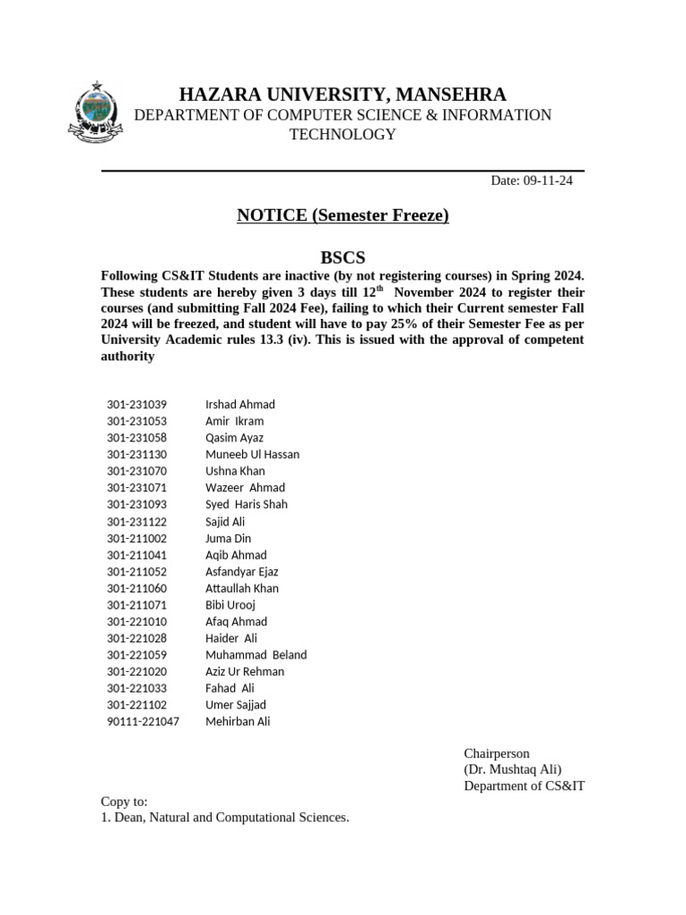 Admission Freeze Notice BSCS | PDF