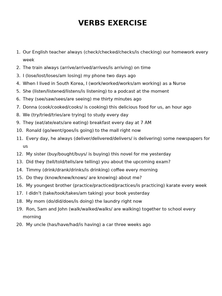 Verbs Exercise for English Learners | PDF | Language Arts & Discipline