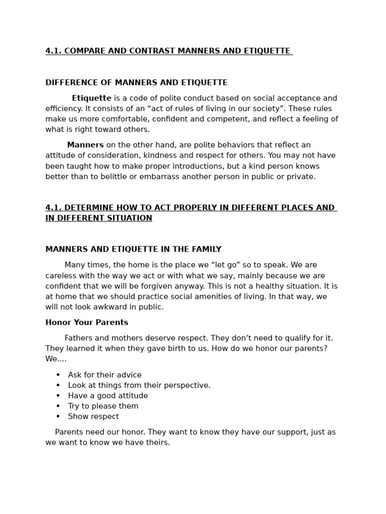 Manners vs. Etiquette: Key Differences | PDF | Lifestyle
