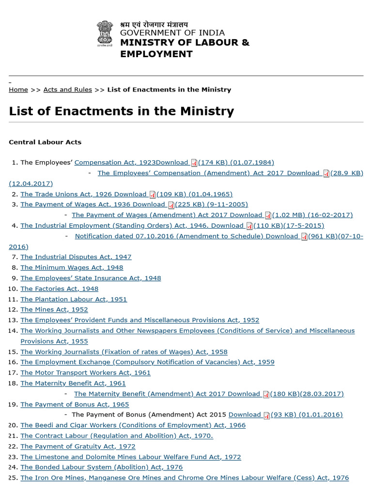 List of Enactments in The Ministry - Ministry of Labour & Employment ...