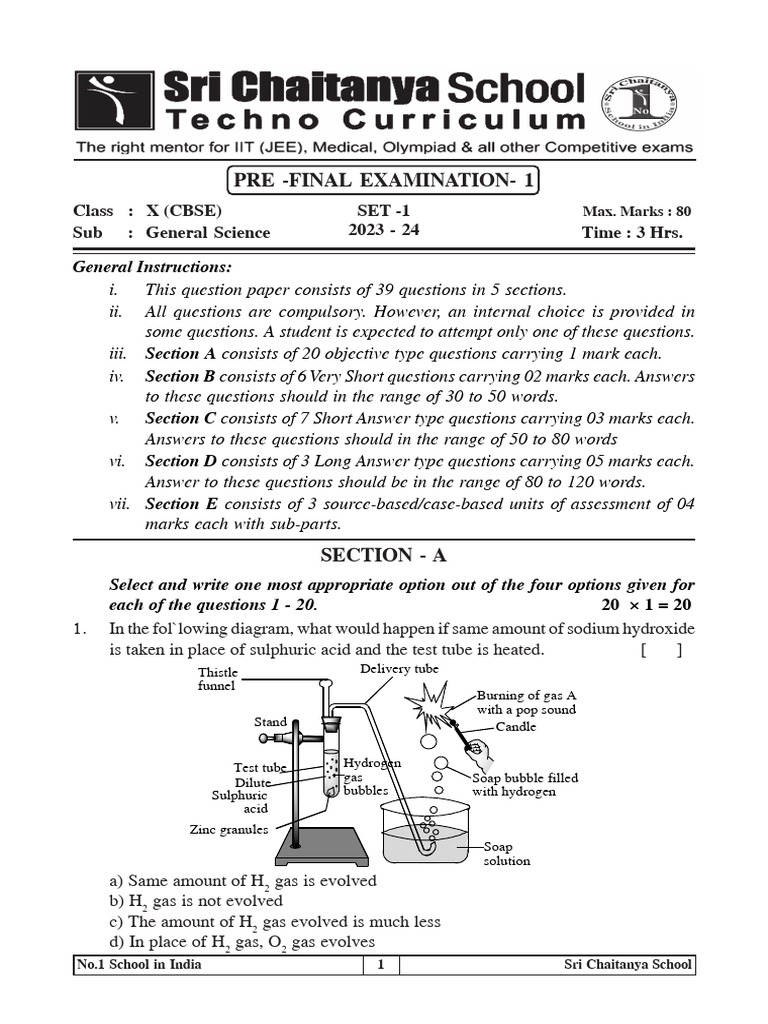 CBSE - X Class General Science Prefinal - I (SET-1) - 1 QP 2023-24 | PDF | Magnesium | Acetate