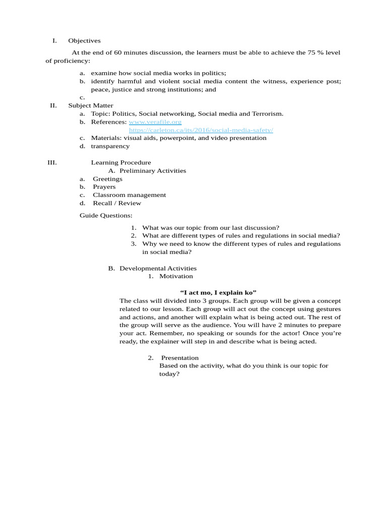 Semi Detailed Lesson Plan 1 | PDF | Social Media | Popular Culture & Media Studies