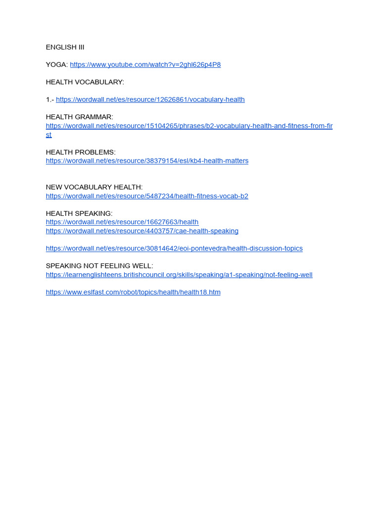 Health Vocabulary and Grammar Resources | PDF | Wellness