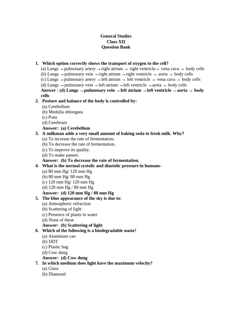 General Studies Class XII Question Bank | PDF | Atrium (Heart) | Vein