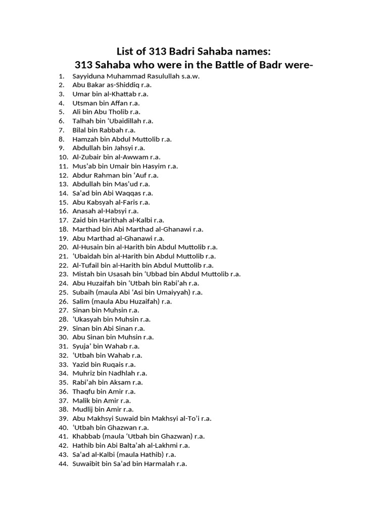 List of 313 Badri Sahaba Names | PDF | Muhammad | Medina