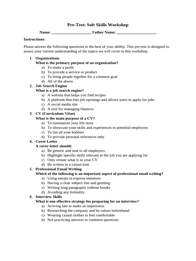 Soft Skills Workshop Pre-Test Guide | PDF