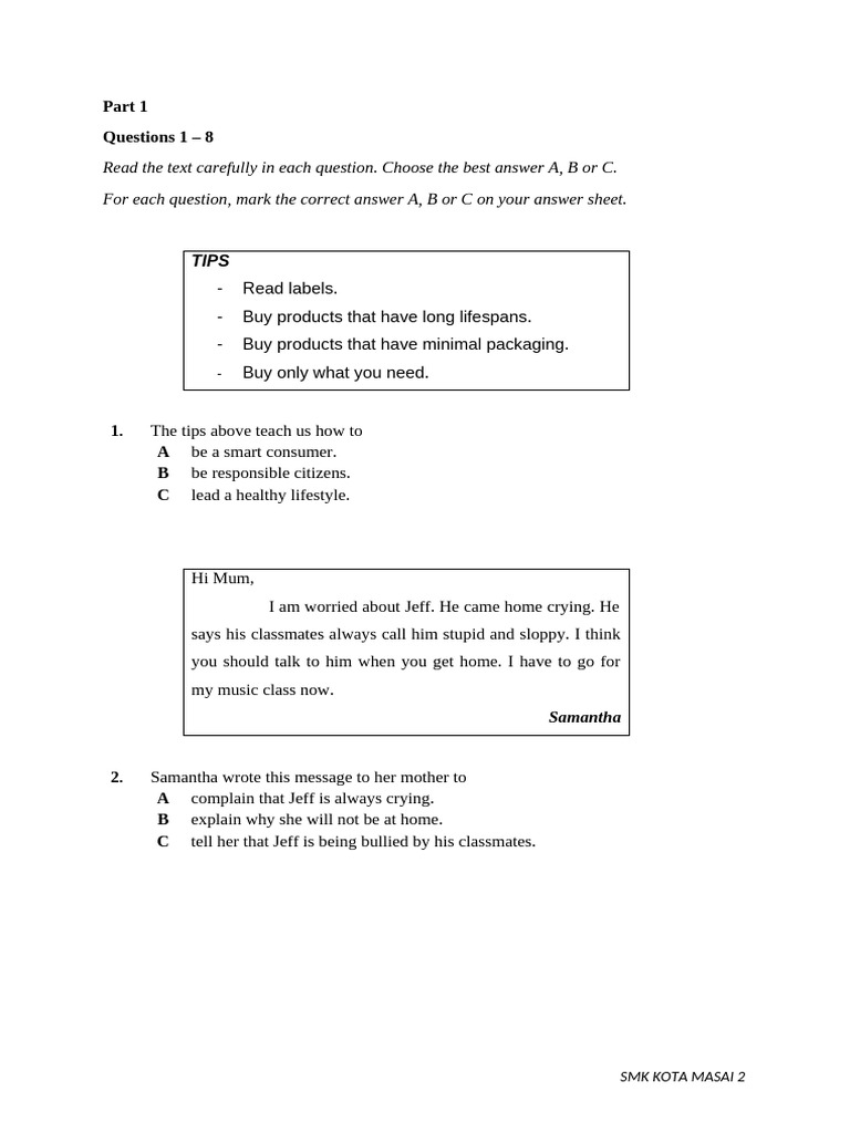 Form 1 English Exam Paper Overview | PDF