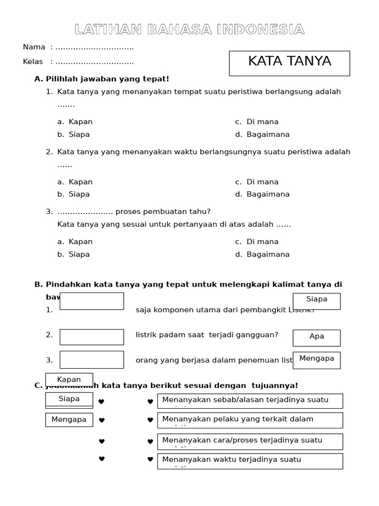 Latihan Kata Tanya Bahasa Indonesia | PDF