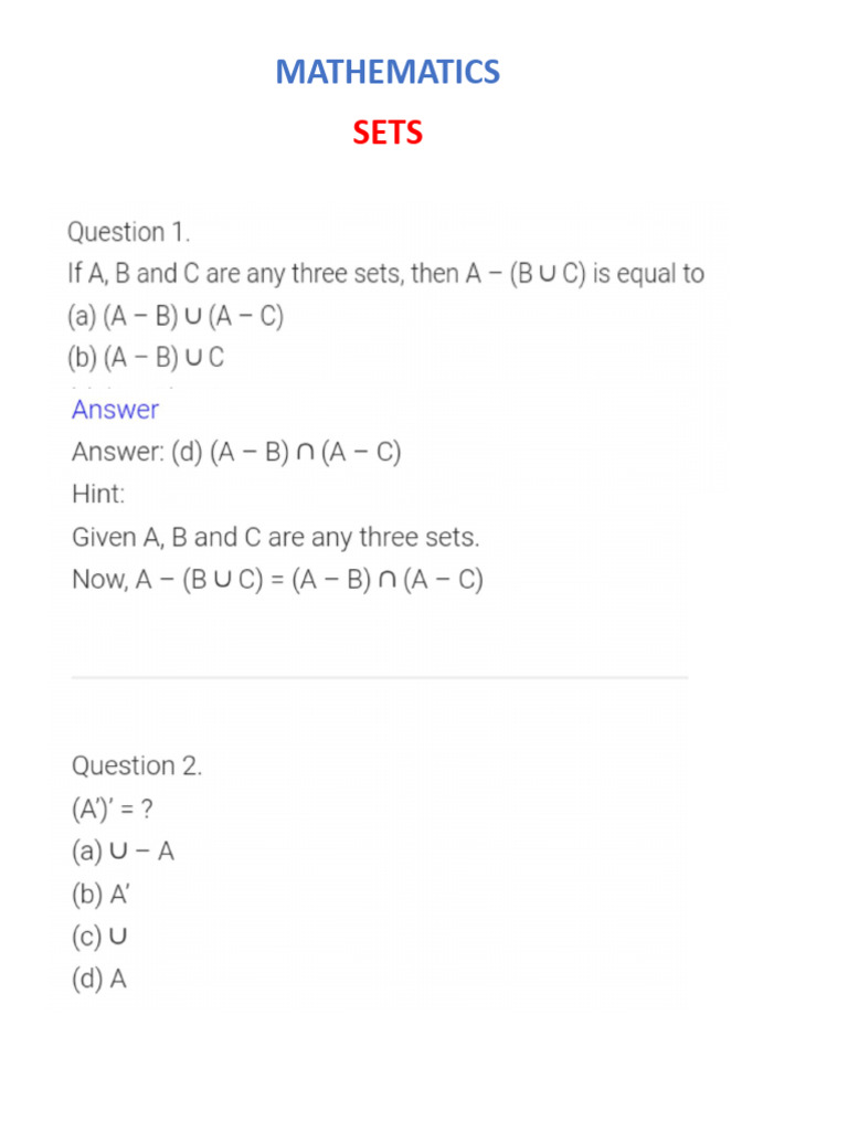 1ST Puc Maths MCQ'S | PDF