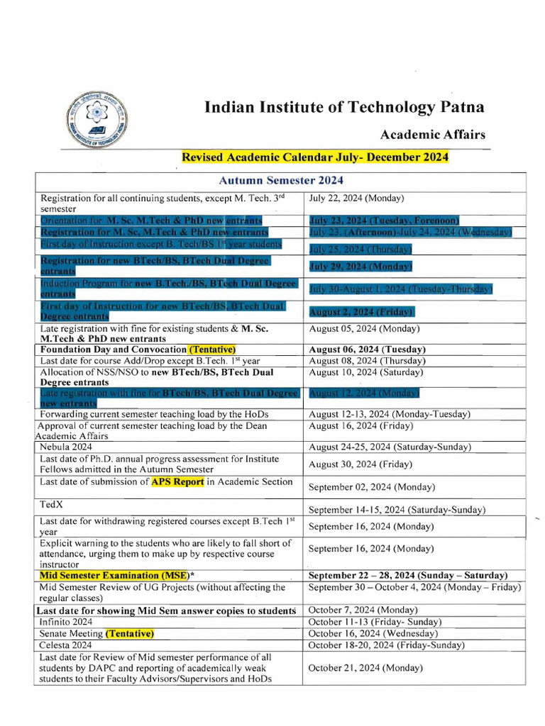 IIT Patna Revised Academic Calendar 2024 | PDF | Academic Term | Doctor ...