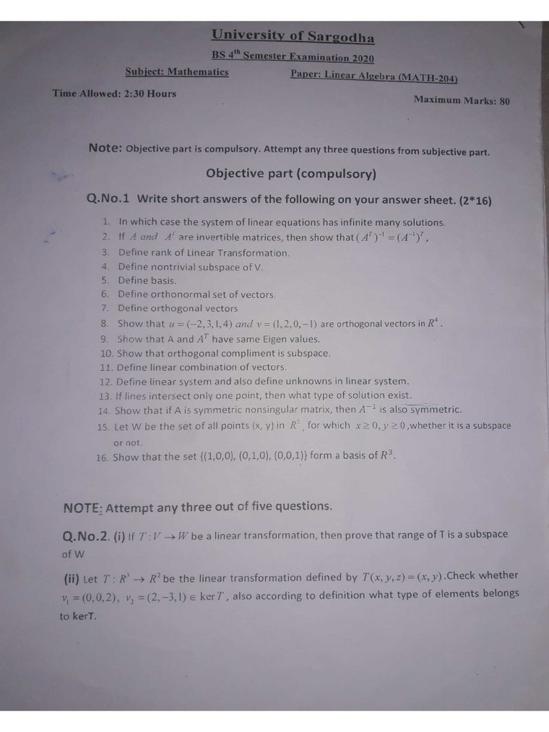 BS MATH 4th SEM Past Papers 2020 | PDF