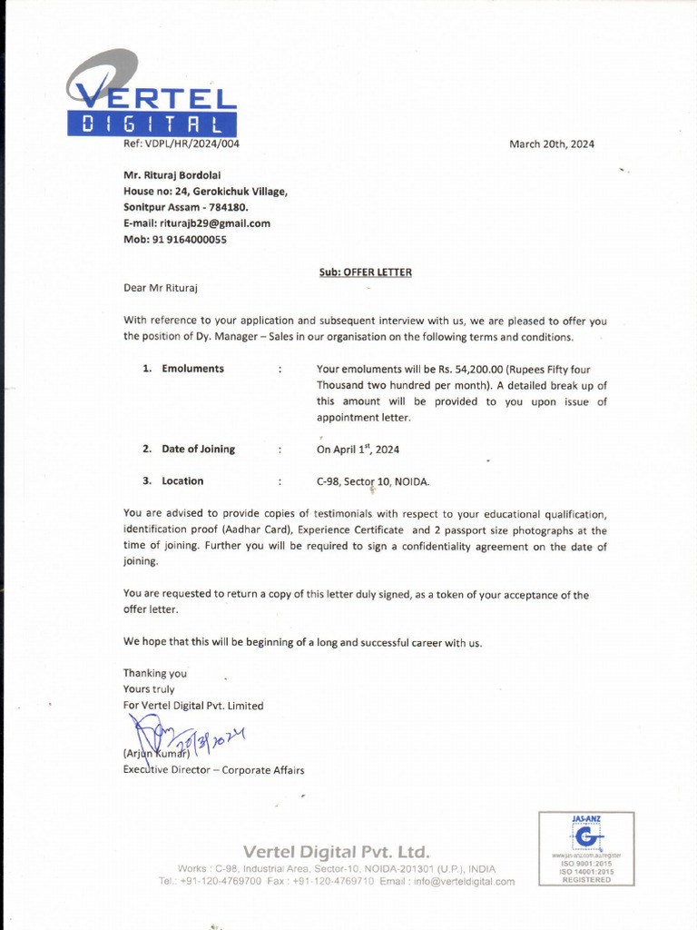 Offer Letter - Rituraj Bordolal | PDF