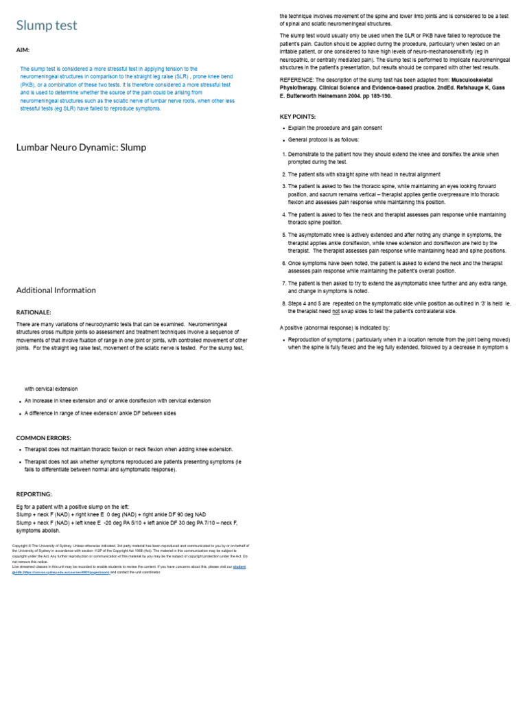 Slump Test - PT in Musculoskeletal Conditions A | PDF | Anatomical ...