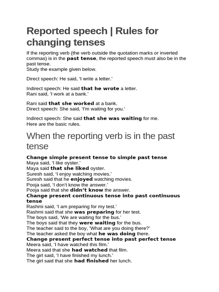 Reported speech Rules for changing tenses | PDF | Language Mechanics | Linguistics