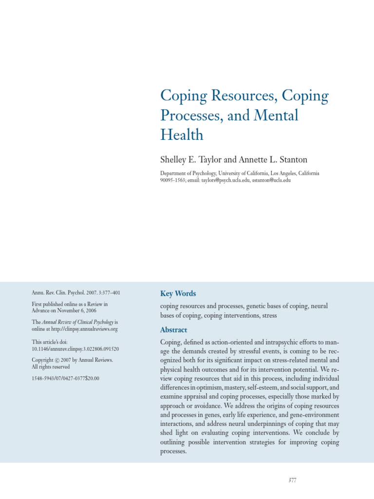 2007 - Coping Resources Coping Processes and Mental Health | PDF ...
