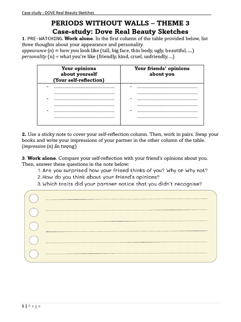THEME 3 - PWW - DOVE REAL BEAUTY SKETCHES - Handouts | PDF | Psychology | Psychological Concepts