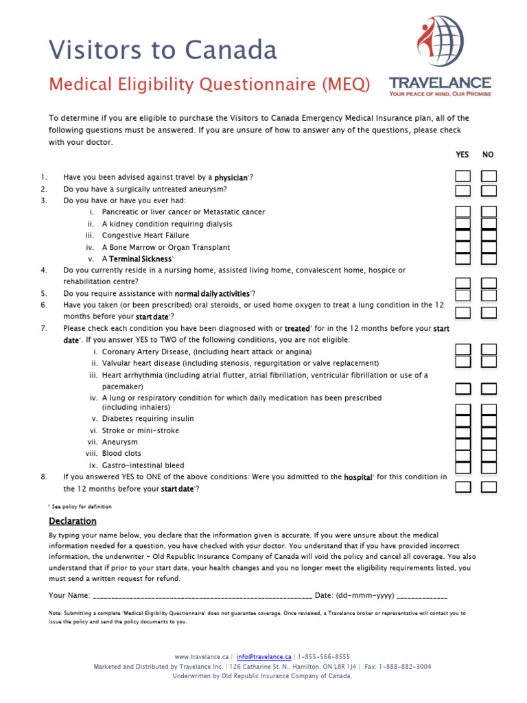 B) Visitors To Canada - Medical Eligibility Questionnaire | PDF | Heart ...