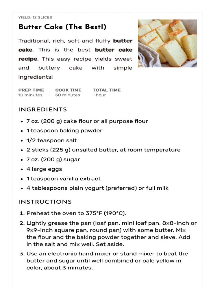 Butter Cake (The Best!) - Rasa Malaysia | PDF | Cakes | Baking