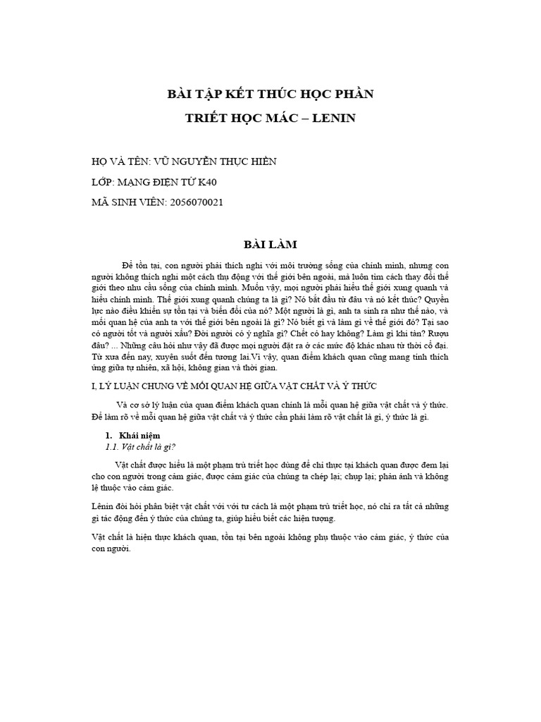 Bai Tap Ket Thuc Hoc Phan Triet Hoc Mac Lenin Hoc Vien Bao Chi Va Tuye 132801 | PDF
