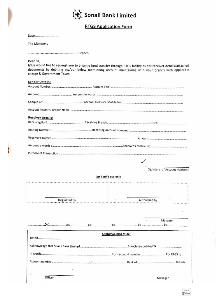 Sonali Bank Rtgs Form | PDF