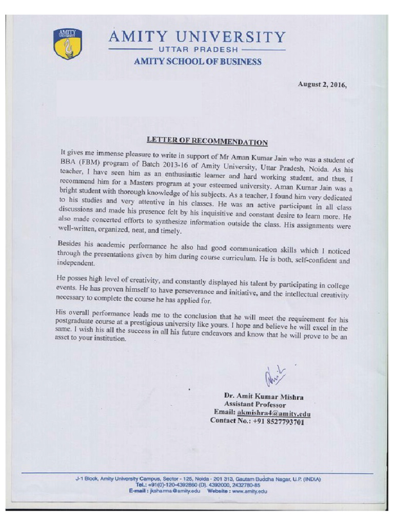 Amity LOR Sample | PDF