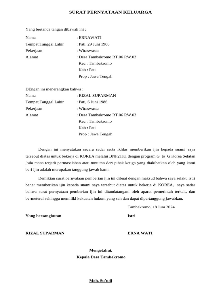Surat Pernyataan Keluarga | PDF
