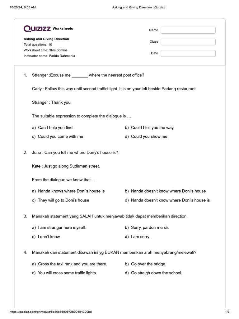 Latihan Soal Asking and Giving Direction | PDF