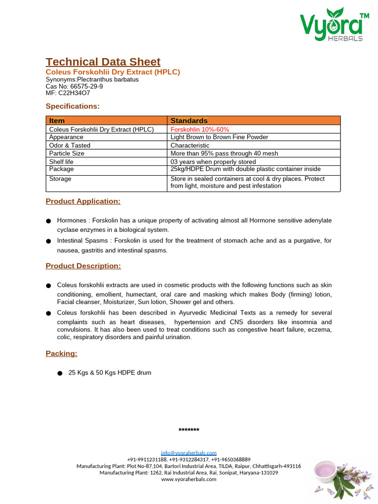Coleus Forskohlii - HPLC - Plectranthus Barbatus - TDS Sheet | PDF