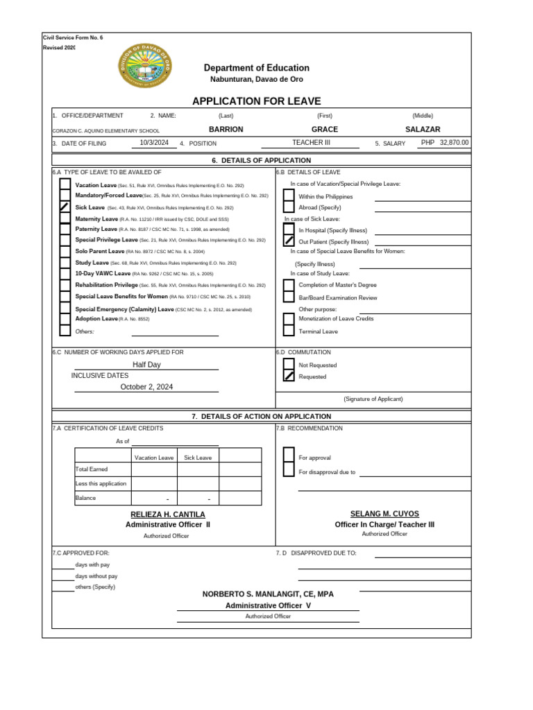 FORM 6 NEW FORMAT With Back Print 1 | PDF | Parental Leave | Sick Leave