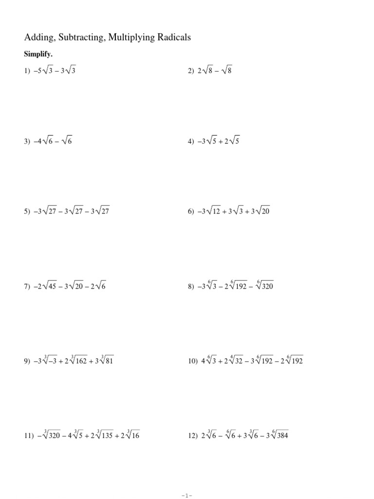Adding Subtracting Multiplying Radicals Homework | PDF
